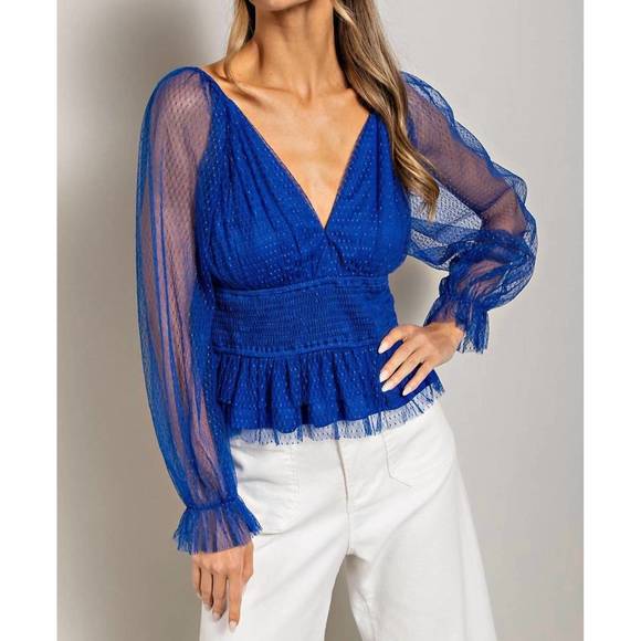 eesome | Tops | New Eesome V Neck Mesh Dot Sleeve Blouse In Royal Blue ...